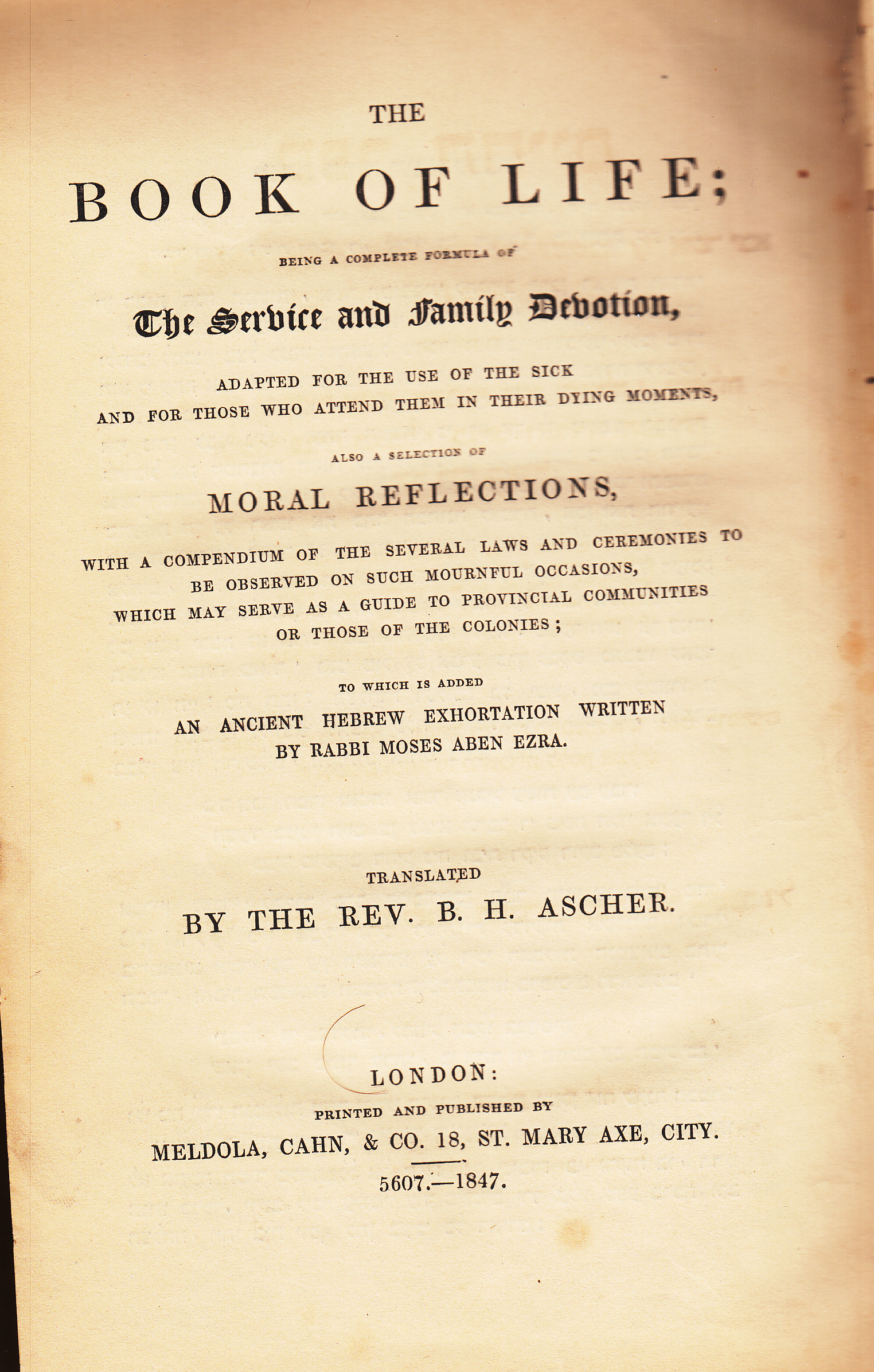 Sefer HaChaim – The Book of Life by Reverend B. H. Ascher, London 1847 ...