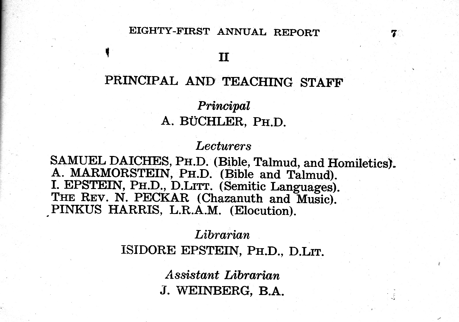 Jews College, Eighty First Annual Report, 1937 – Jewish Miscellanies