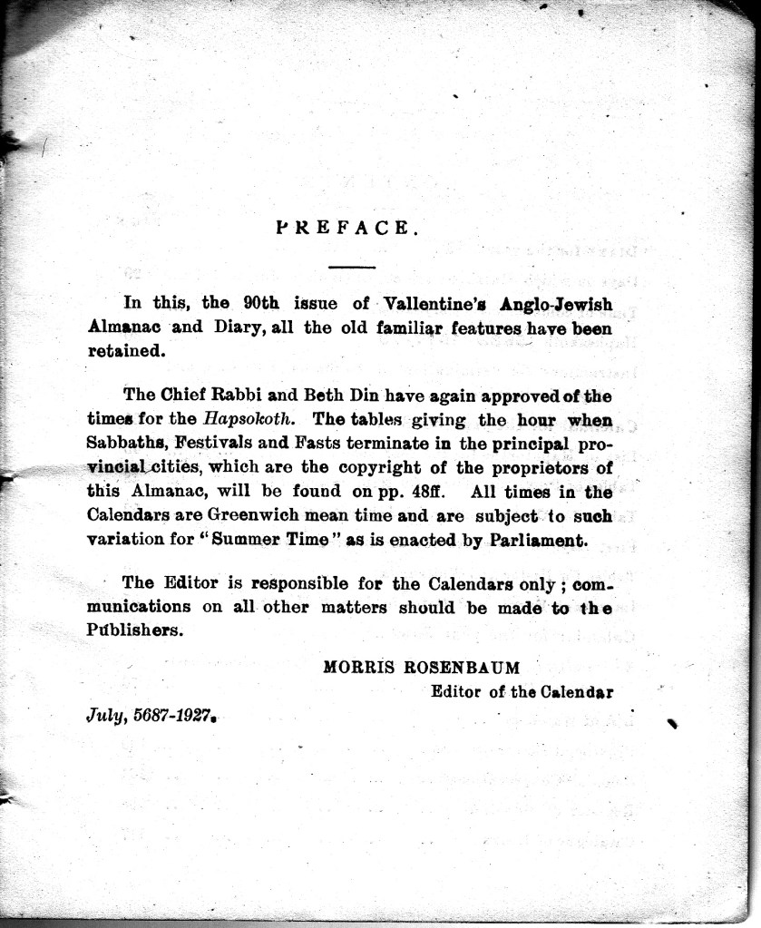 Vallentine’s Anglo-Jewish Almanac and Diary 1927 (5688), with London ...