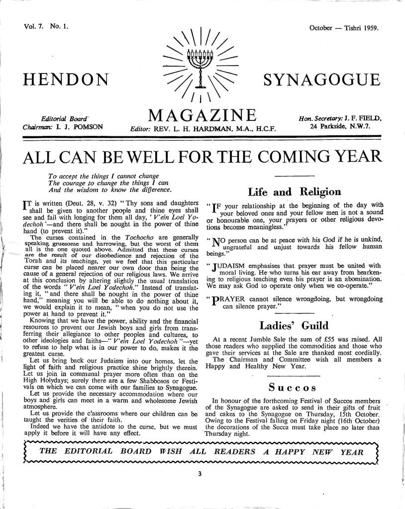 Hendon Synagogue Magazine, Hendon, London, October 1959. – Jewish ...