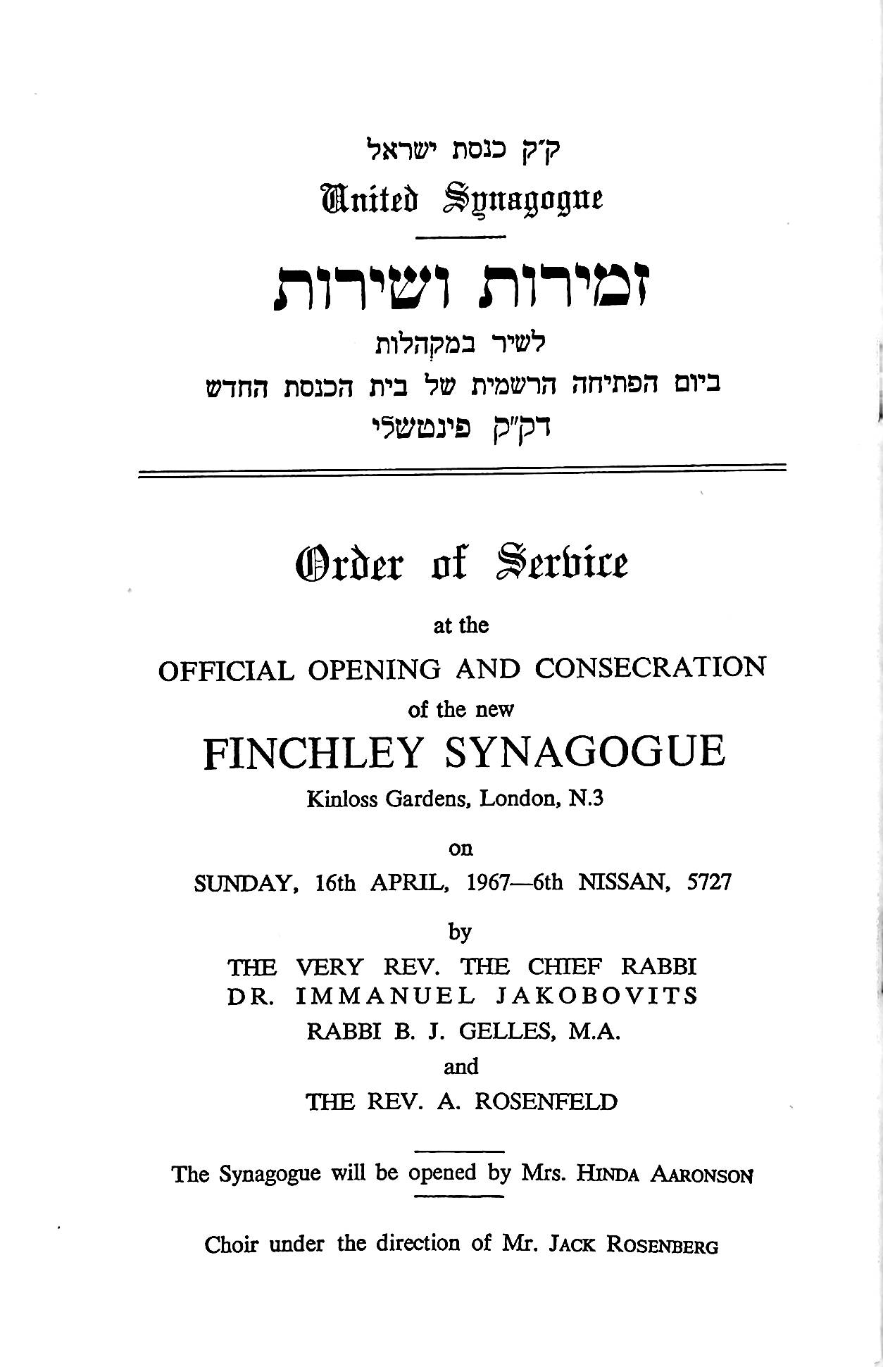 Order of Service at the Official Opening and Consecration of the new ...