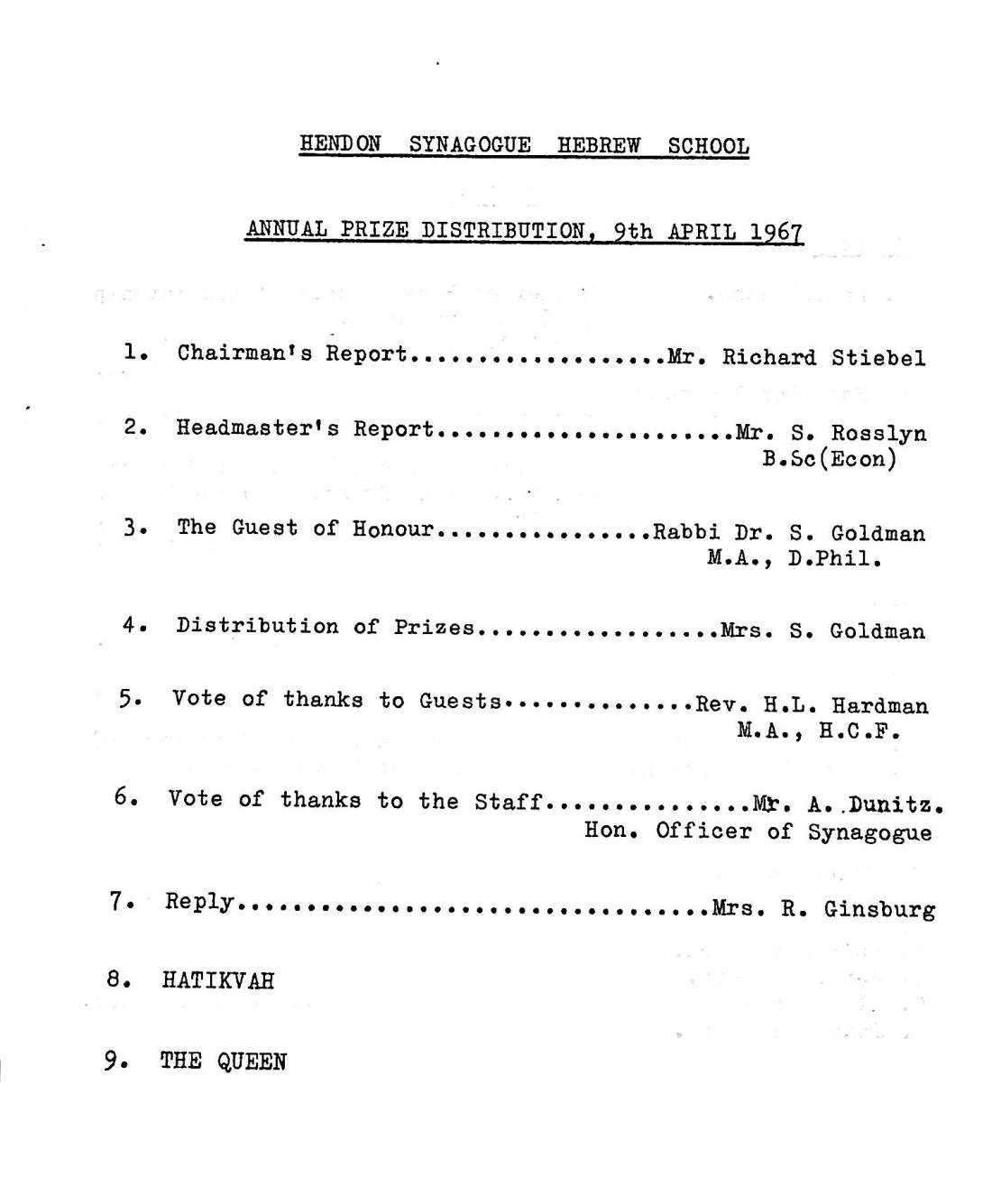 Hendon Synagogue Hebrew School, Annual Prize Distribution, 9th April ...