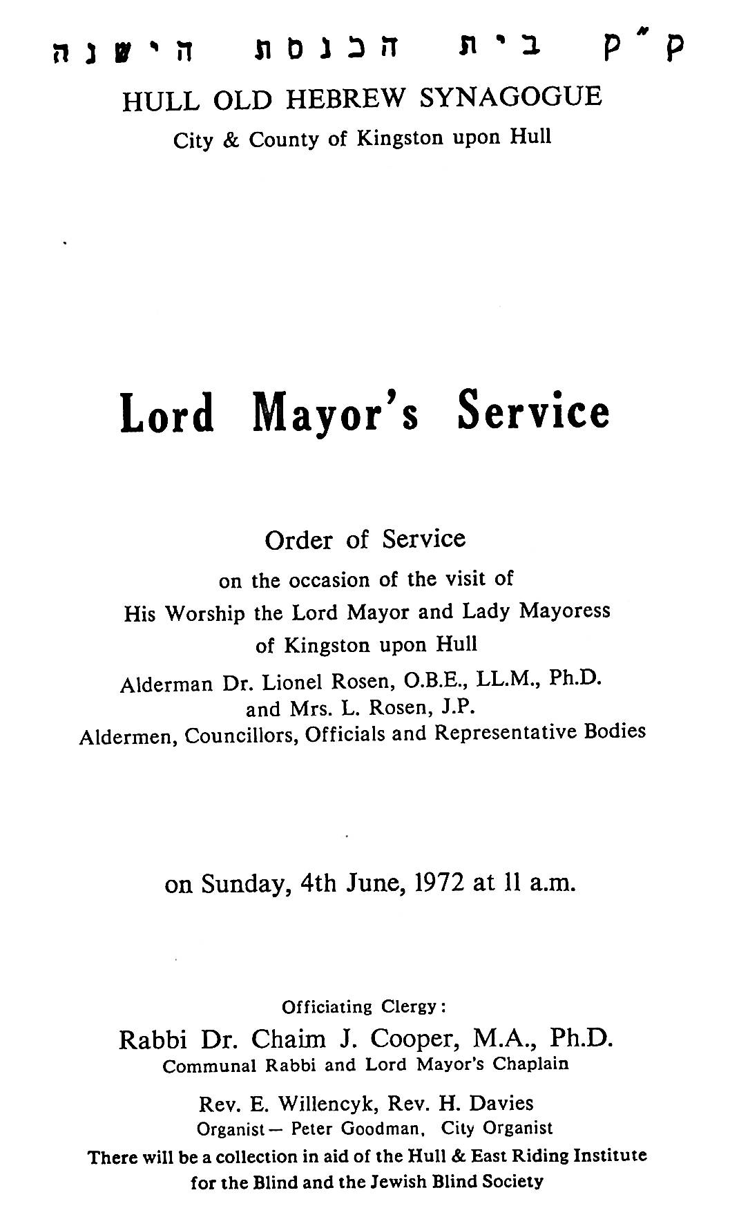 Hull Old Hebrew Synagogue – the Lord Mayor’s Service, 1972 Kingston ...