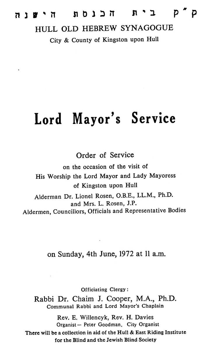 Hull Old Hebrew Synagogue – the Lord Mayor’s Service, 1972 Kingston ...