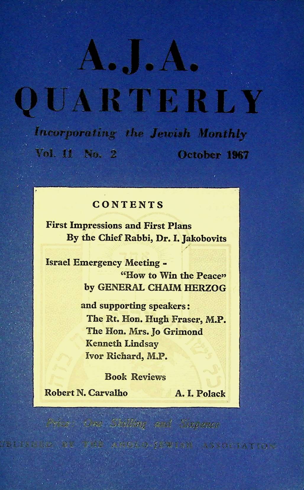 Anglo Jewish Association Quarterly, London, October 1967, (including ...