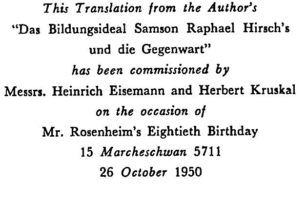 Samson Raphael Hirsch’s Cultural Ideal and Our Times, by Jakob ...